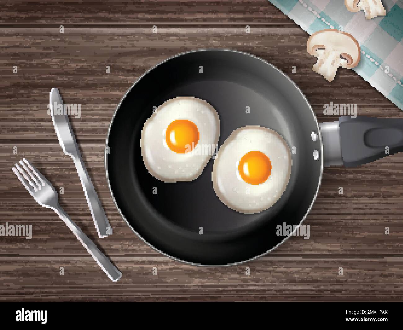 Realistic cookware composition with top view of cutlery and frying pan ...