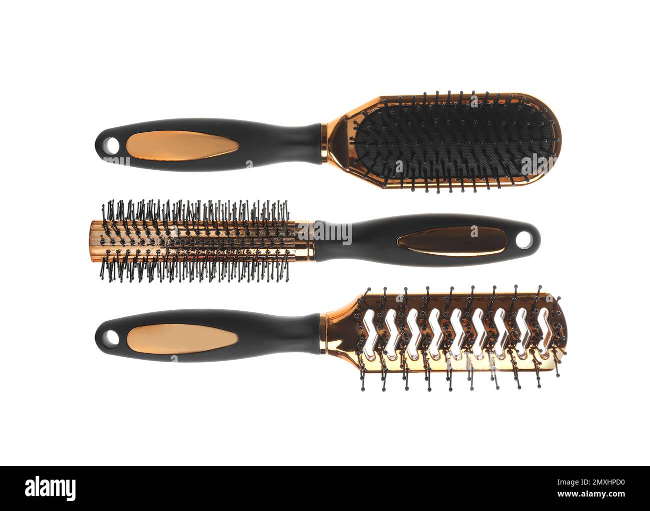 Set of professional hair brushes isolated on white, top view Stock ...