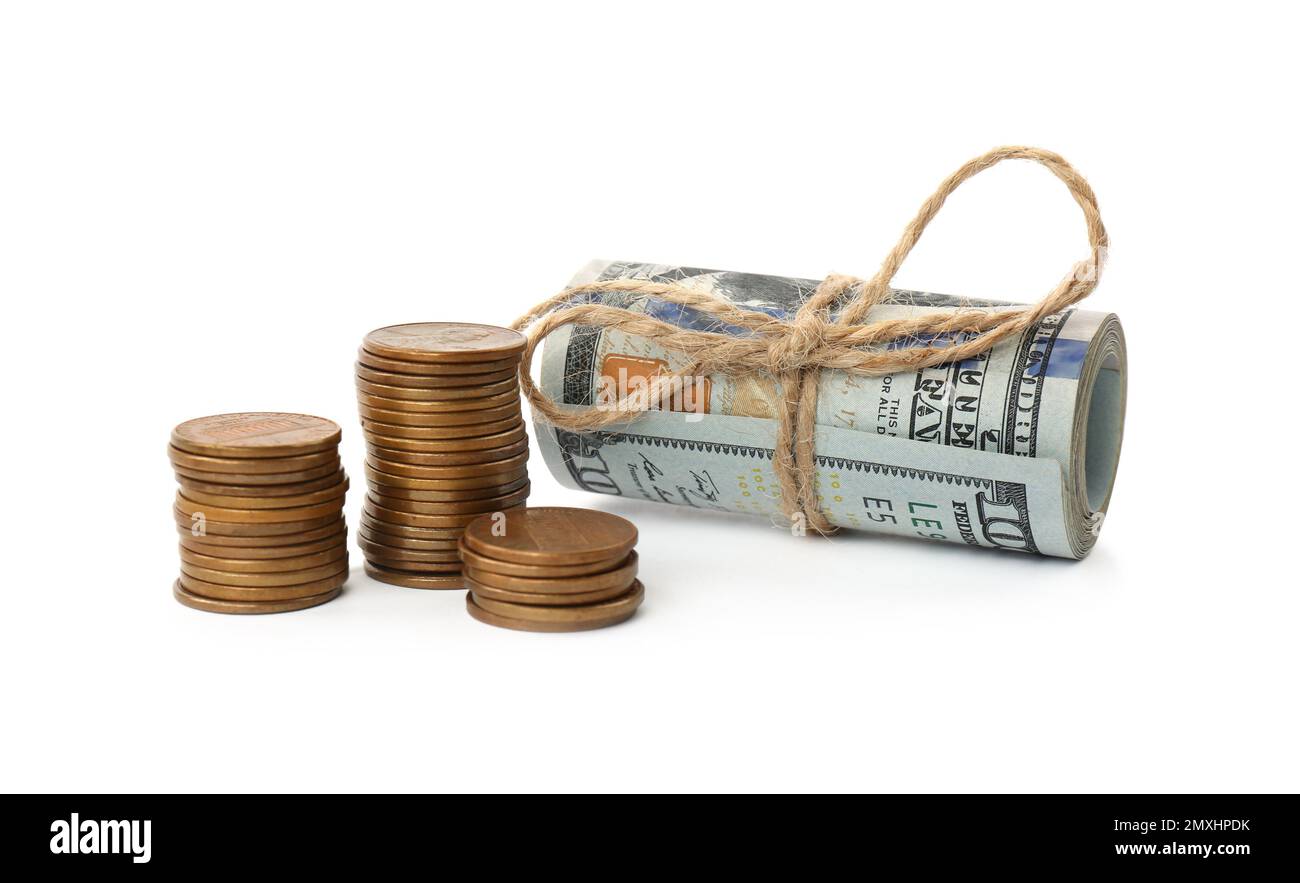Roll of dollar bills tied with rope and coins isolated on white Stock ...