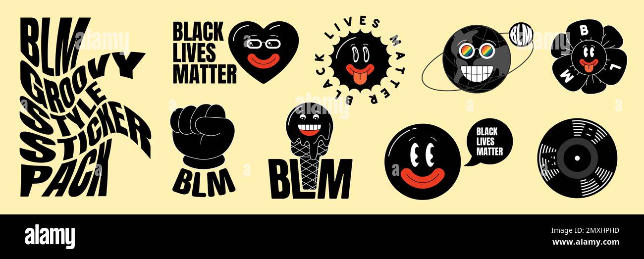 Retro groovy style BLM sticker pack set. Black lives matter labels ...