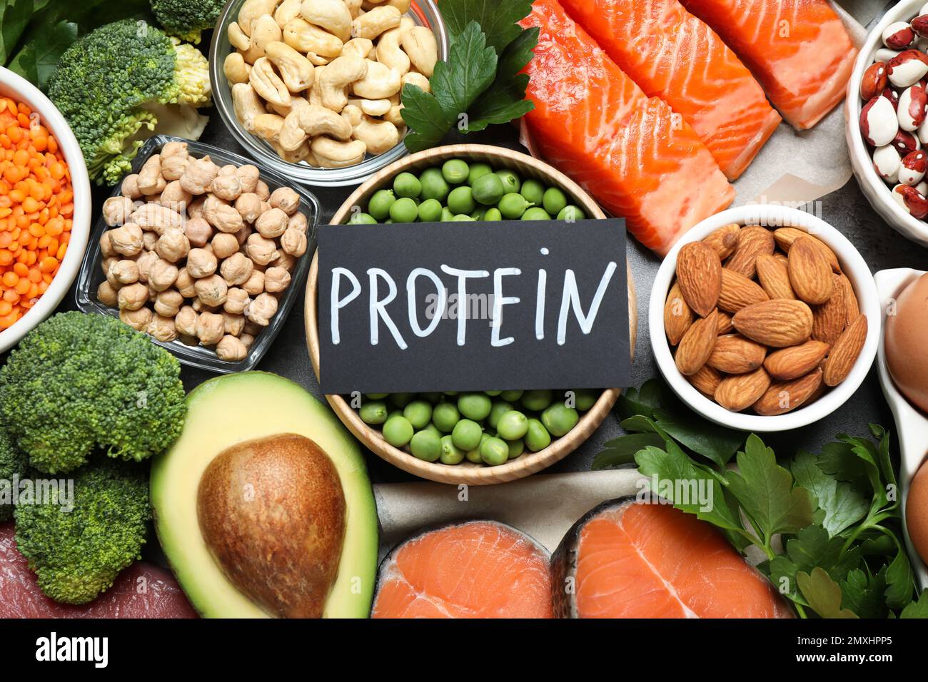 Card with word PROTEIN and different products as background, flat lay ...