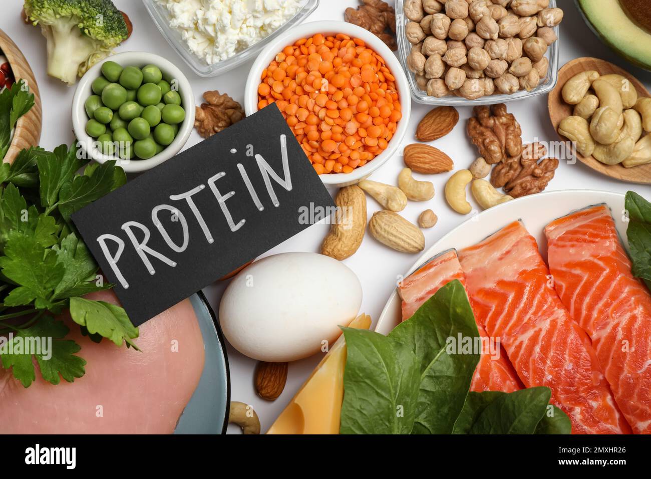 Card with word PROTEIN and different products on white background, flat ...