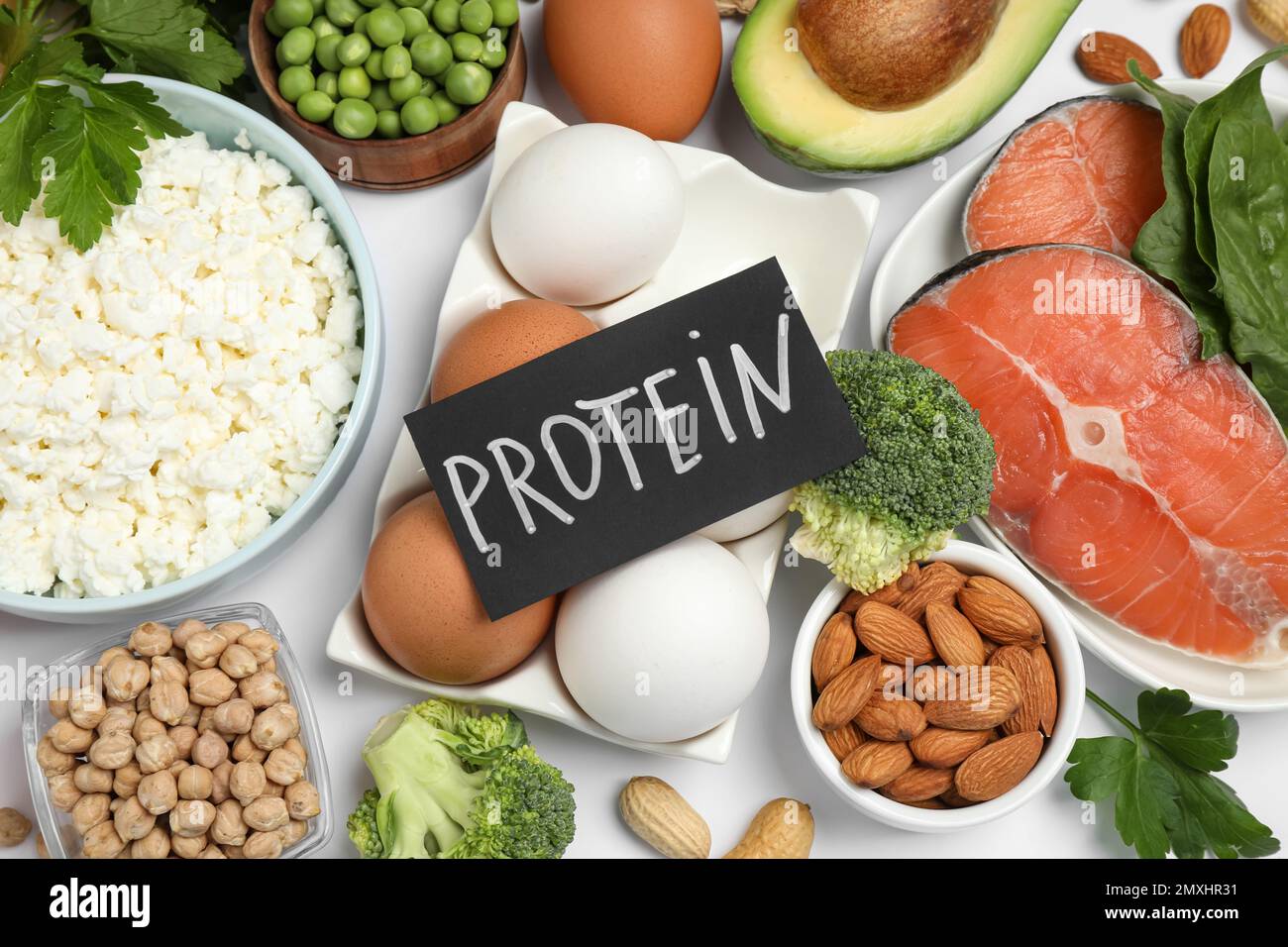 Card with word PROTEIN and different products on white background, flat ...