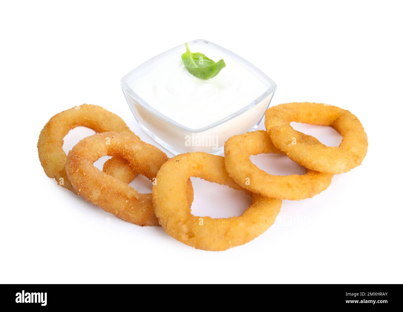 Delicious onion rings and sauce isolated on white Stock Photo - Alamy