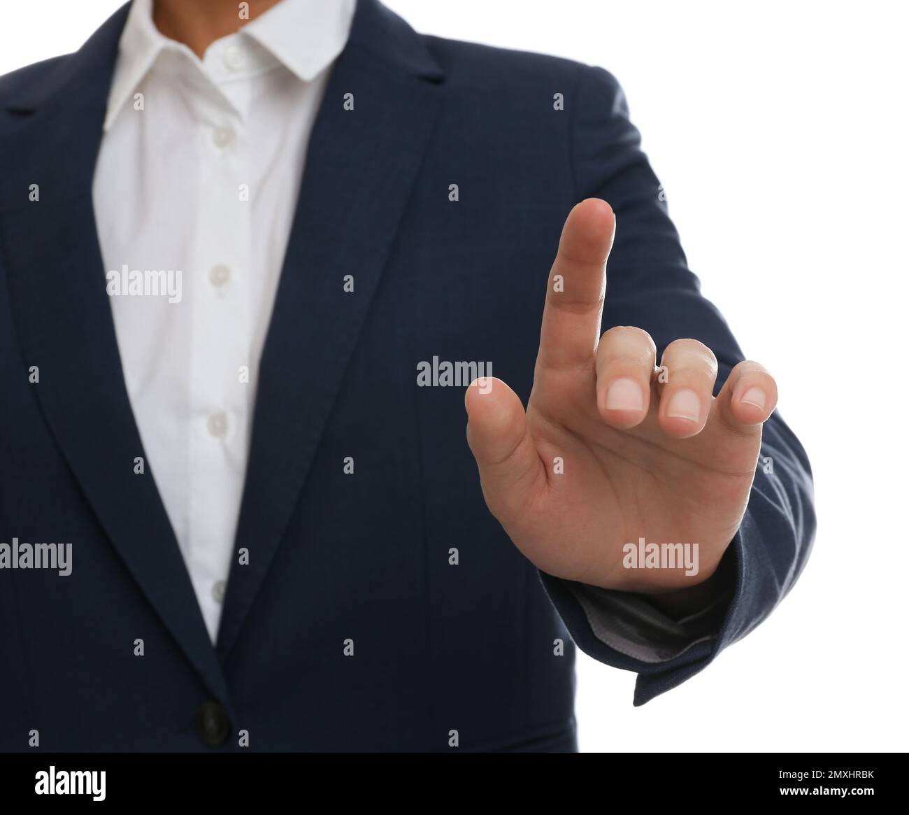 Woman touching something against white background, focus on hand Stock ...