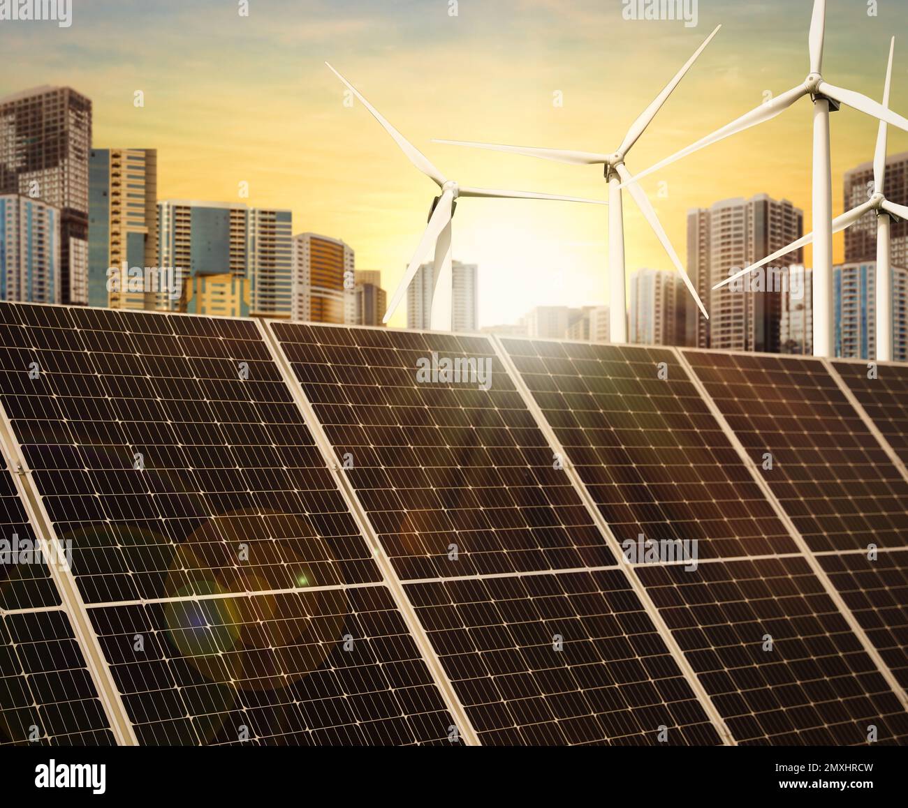 Solar panels and wind turbines installed outdoors. Alternative energy ...
