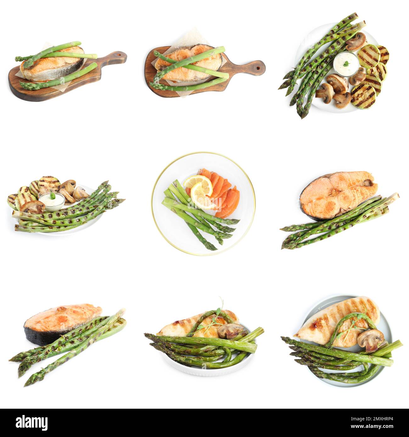Set of different delicious meals with asparagus on white background ...