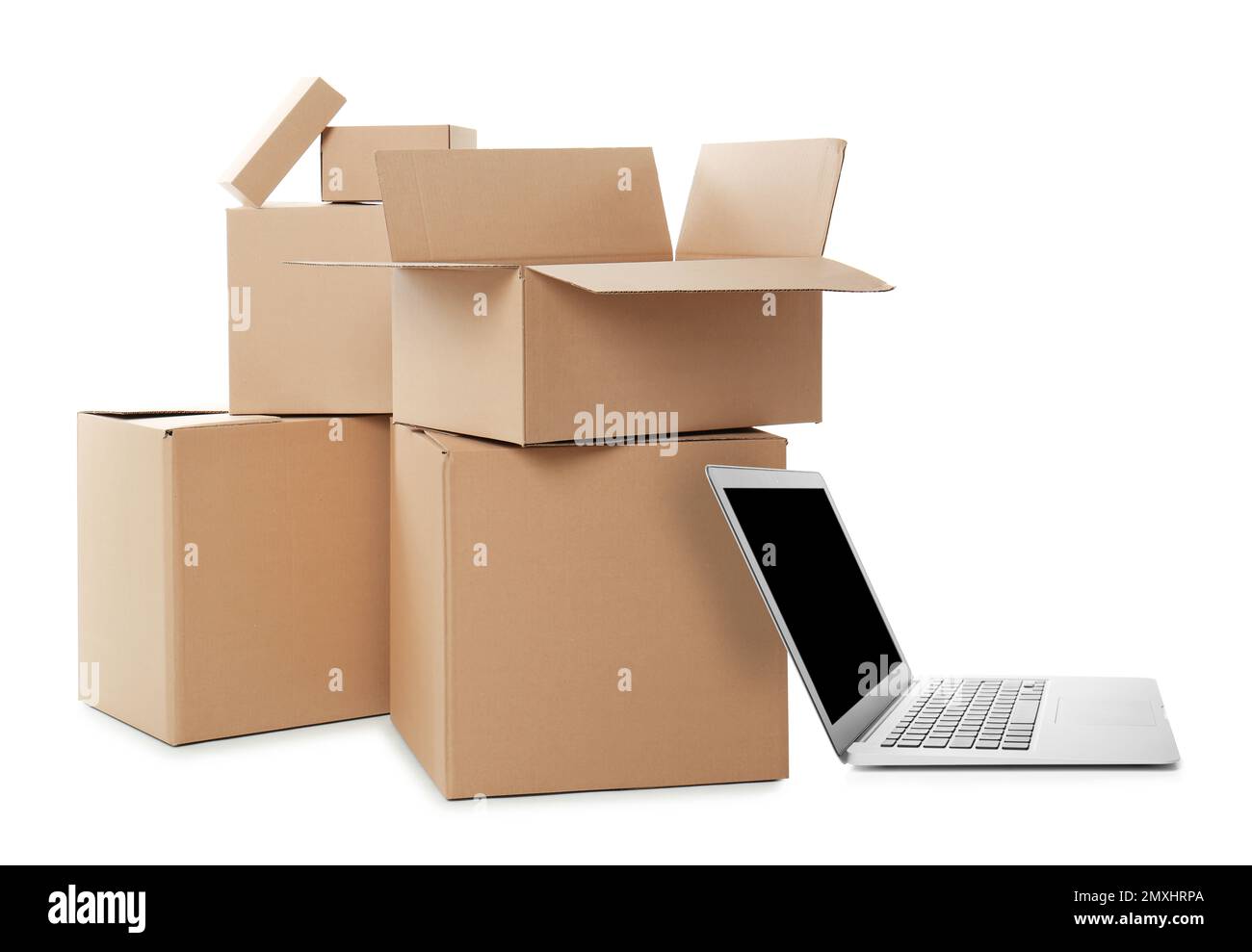 Online selling. Laptop and parcels on white background Stock Photo - Alamy