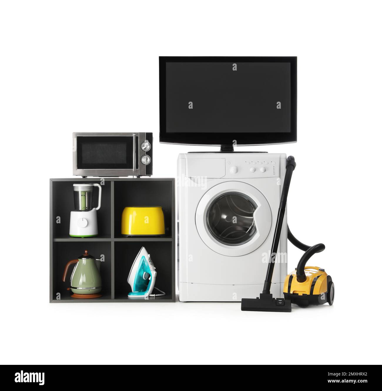 Set of different home appliances with vacuum cleaner on white ...