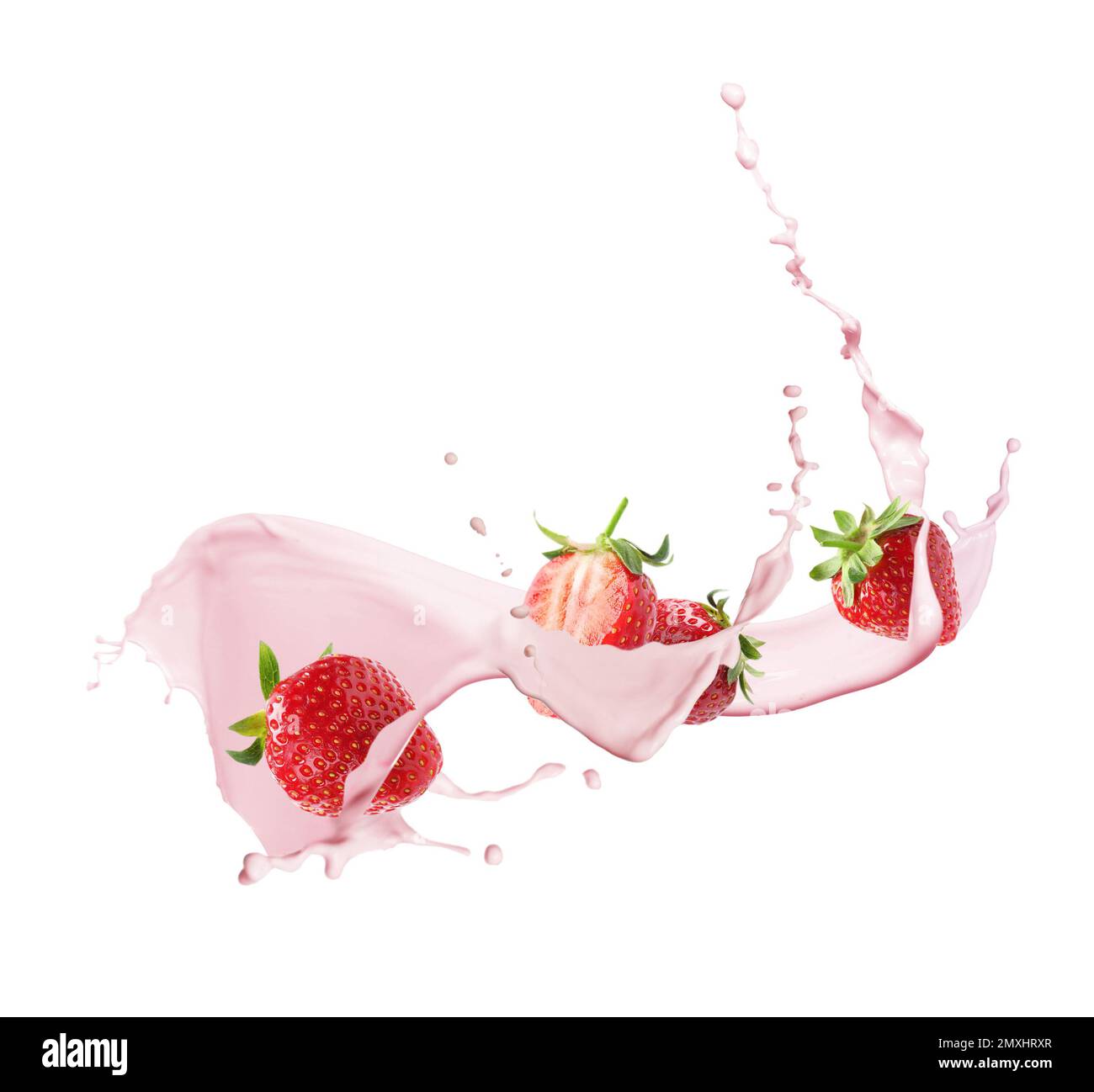 Fresh strawberries with milkshake splash on white background Stock ...