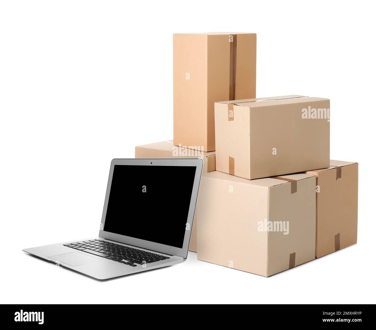 Online selling. Laptop and parcels on white background Stock Photo - Alamy