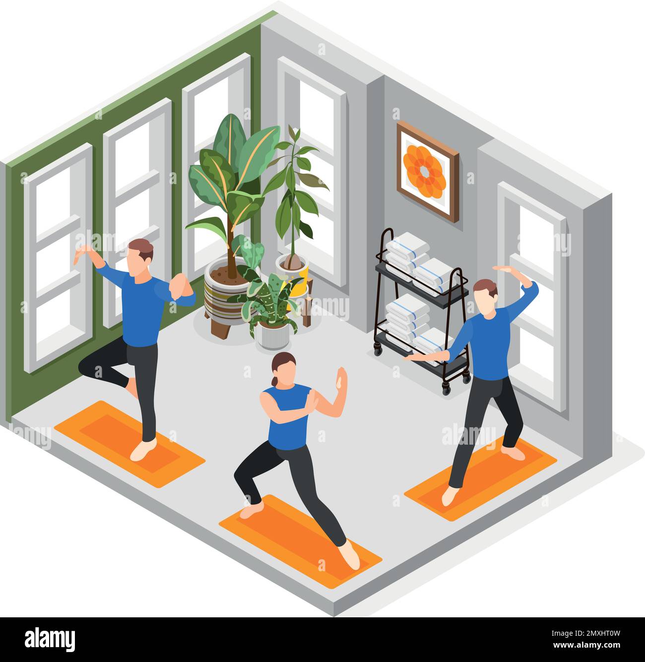 World tai chi and qigong movement day isometric composition with people training indoor vector ...
