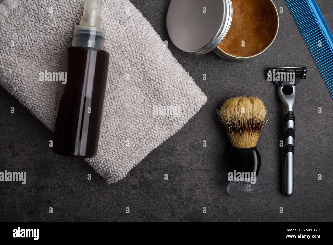 Top view flat lay of shaving accessories and skincare stuff for man on ...