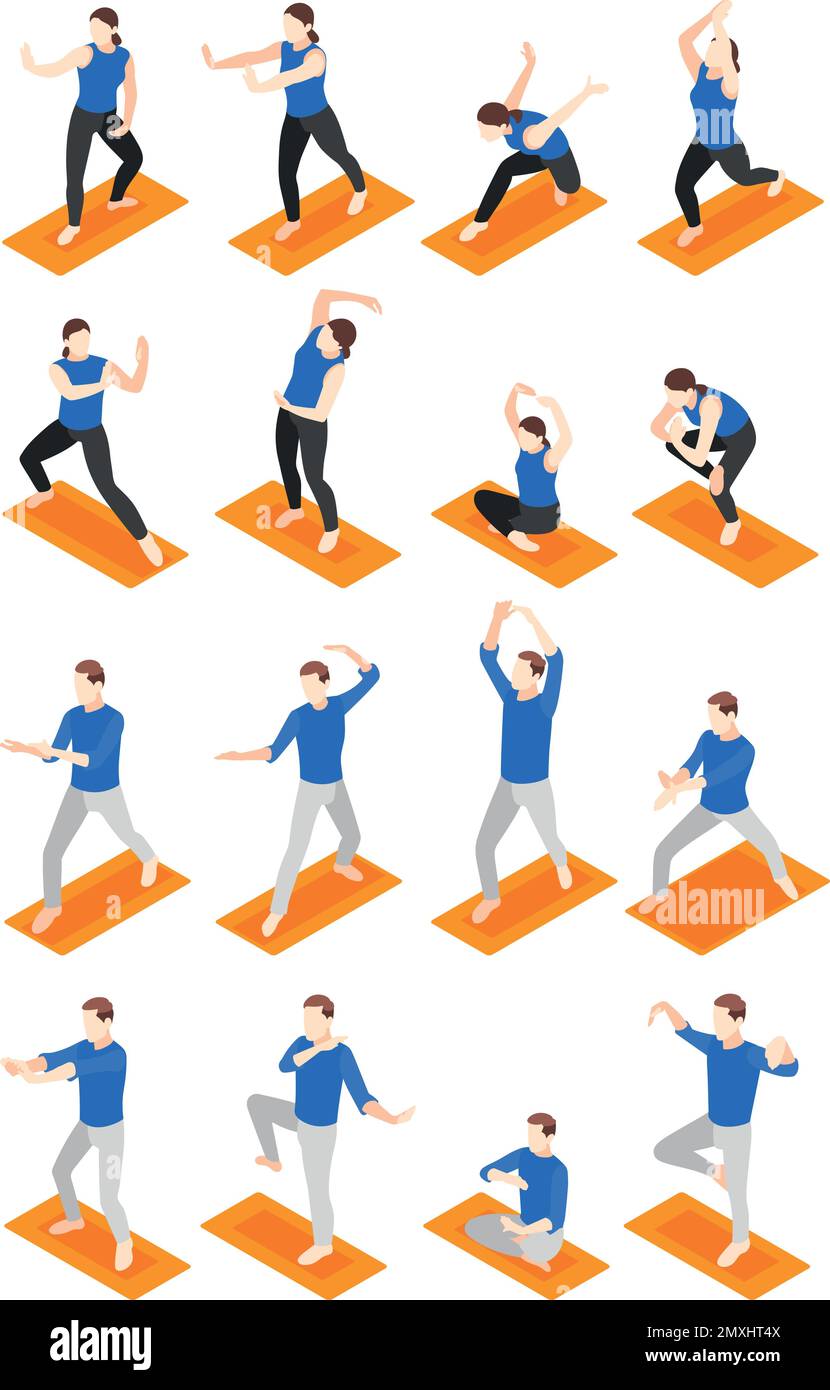 World tai chi and qigong day isometric icons set with people in ...
