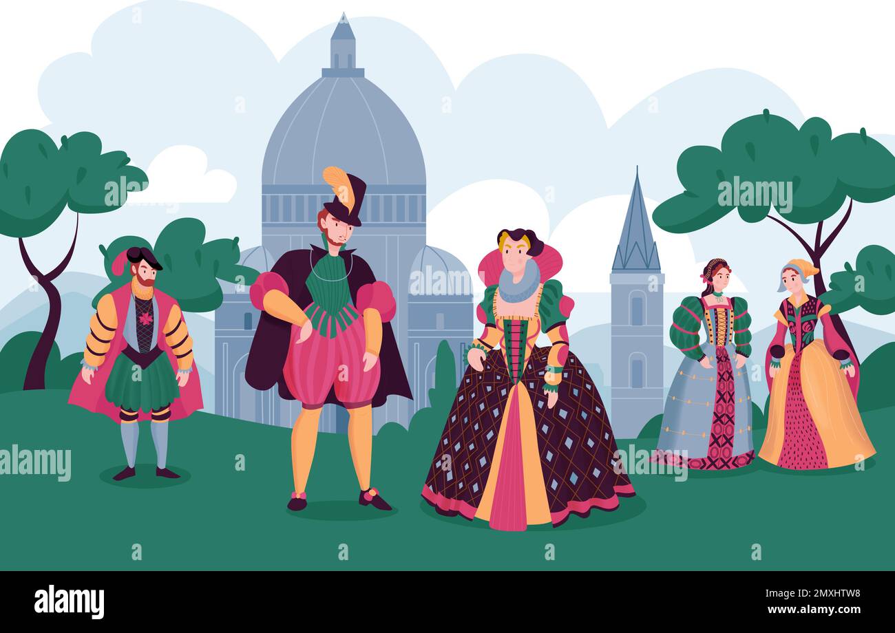 Renaissance style nature composition women and men in costume in front ...