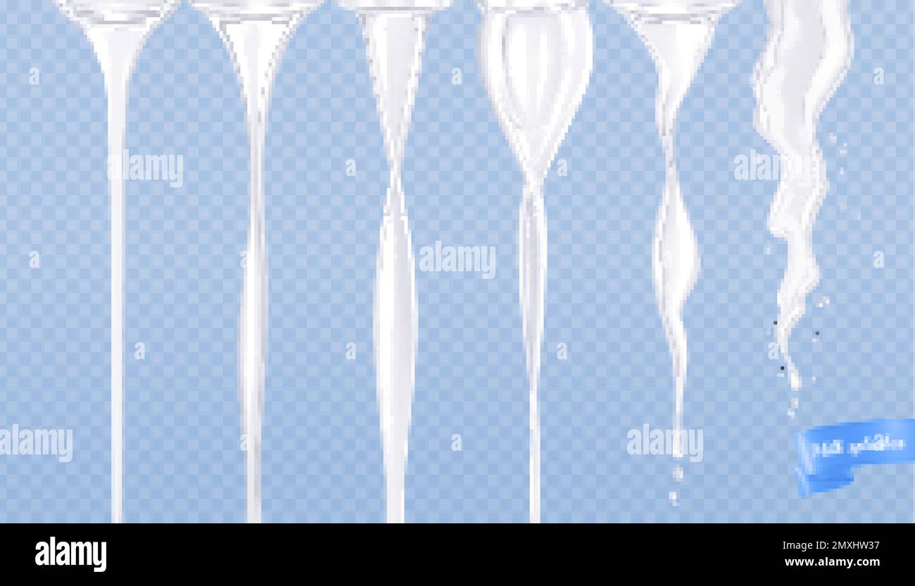 Milk flow realistic set of isolated vertical streams of white liquid ...
