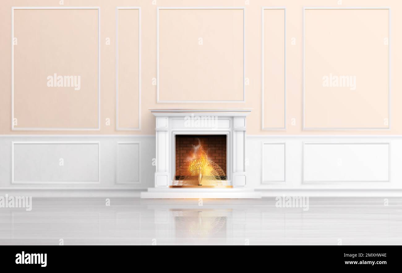 Fireplace realistic composition with indoor view of modern interior ...