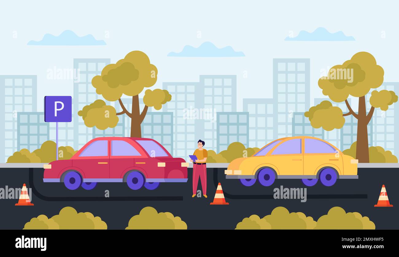 Driving school flat composition two cars drive on the site and the ...