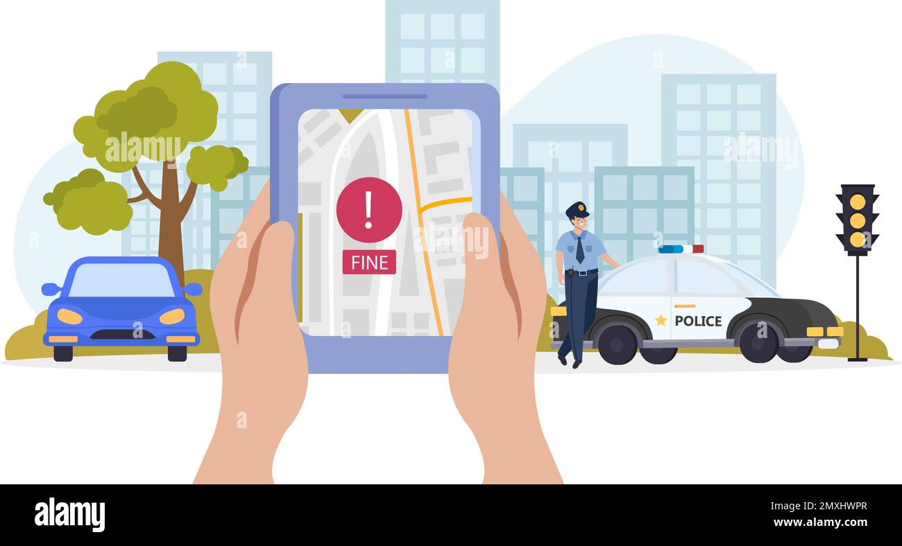 Traffic police flat colored concept tablet in hand with parking app and ...
