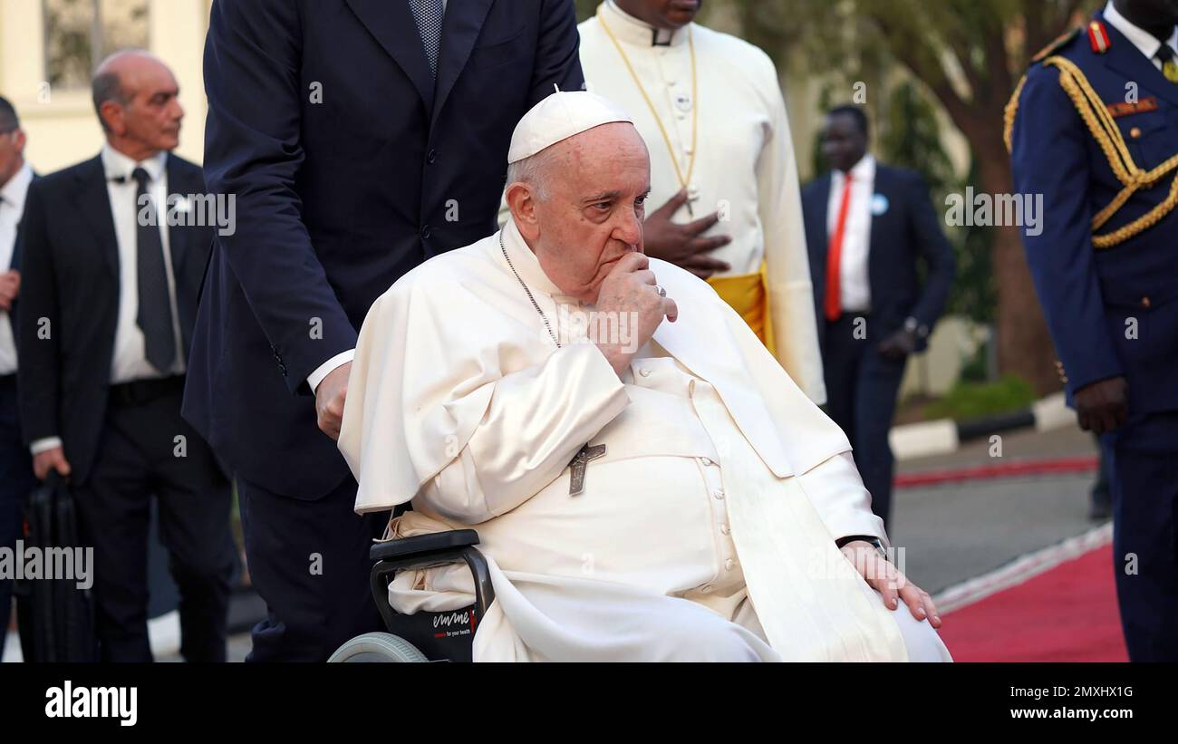 Juba, South Sudan. 03rd Feb, 2023. Pope Francis, seated on a wheelchair ...