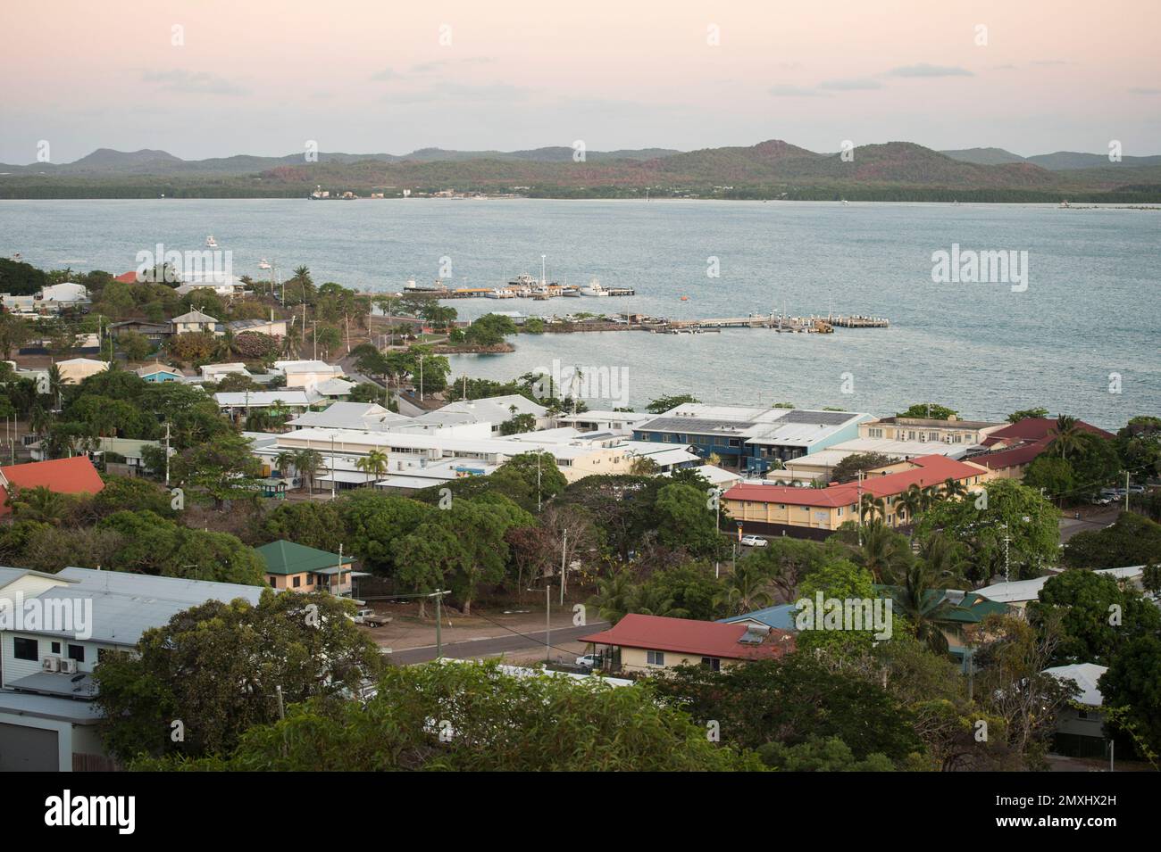 Thursday Island town centre, housing and harbour from Green Hill Fort ...