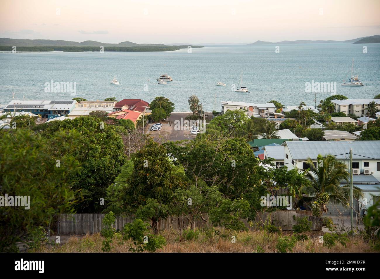 Thursday Island town centre, housing and harbour from Green Hill Fort ...
