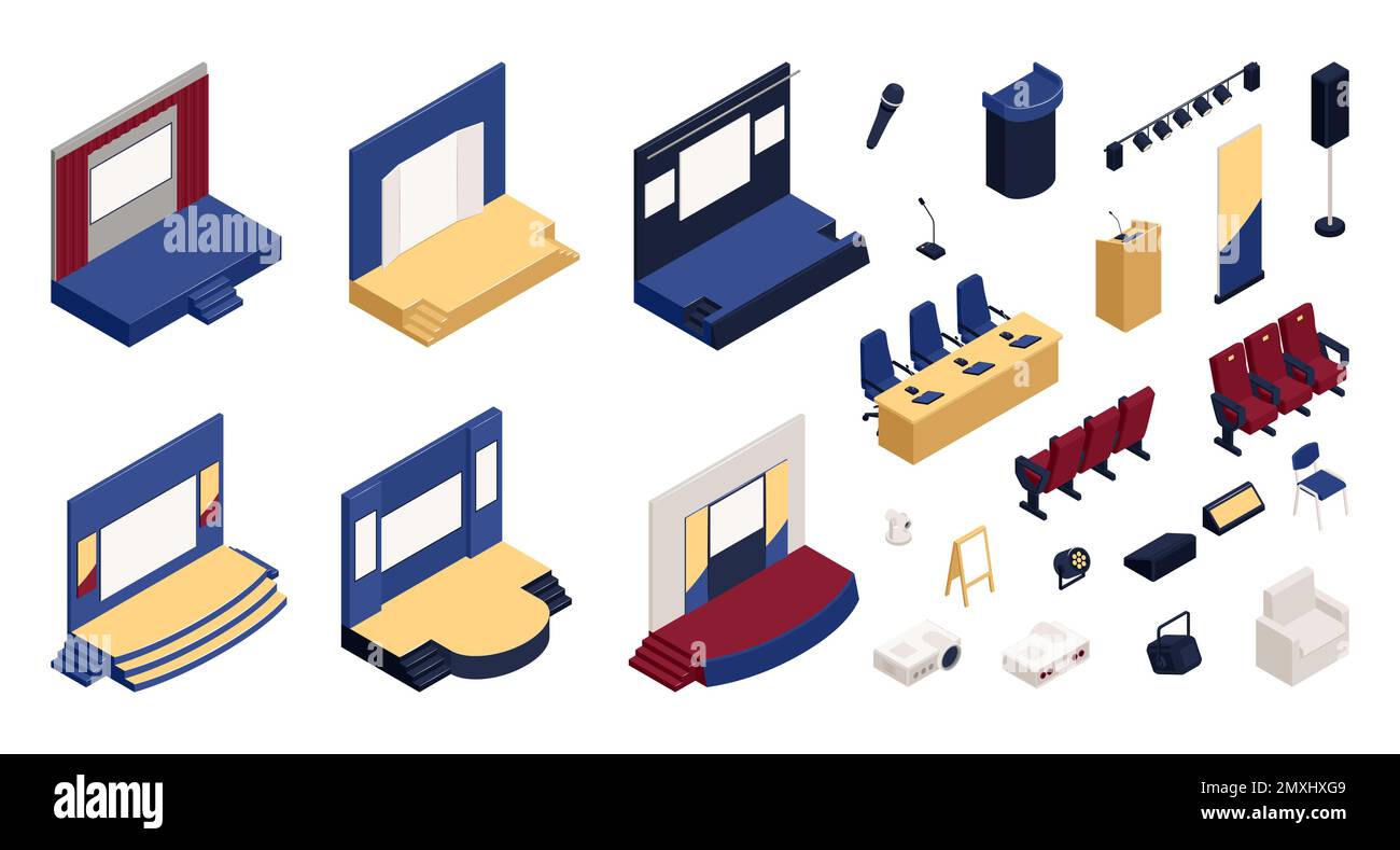 Isometric constructor set of press conference hall elements isolated ...