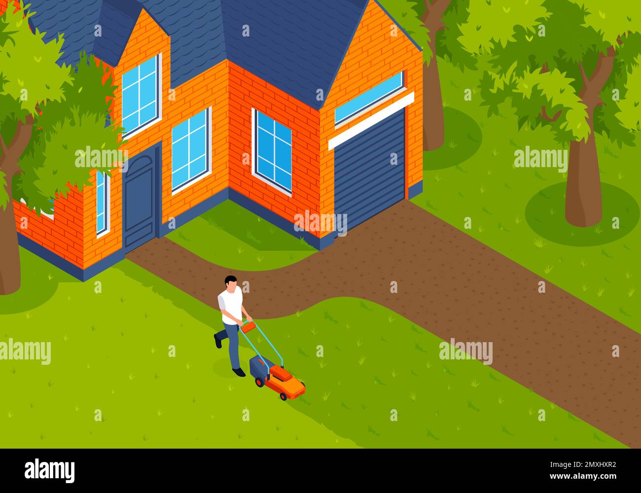 Isometric lawn mower concept with man cutting grass on house backyard ...