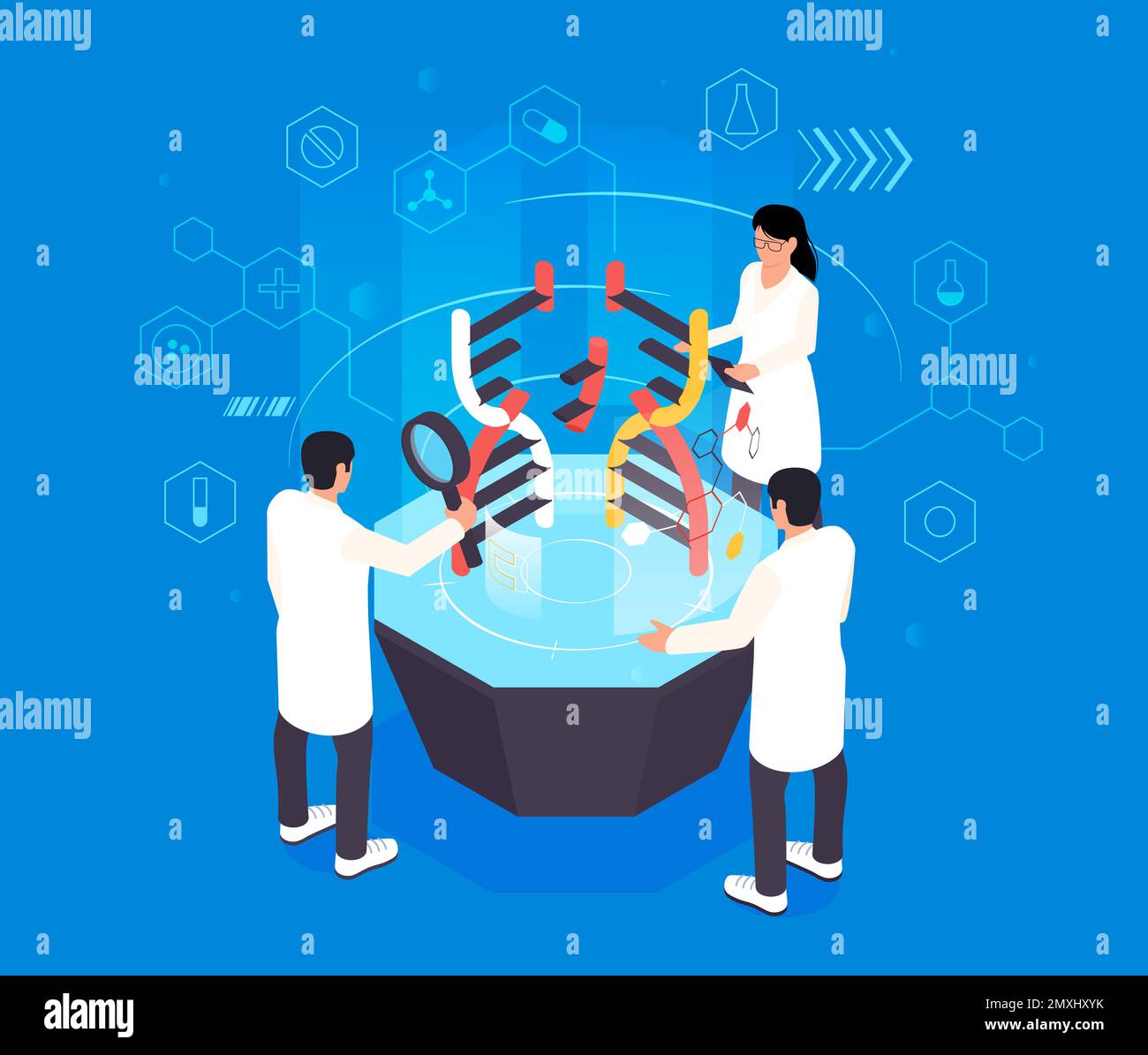 Isometric genetic engineering concept with scientists studying dna vector illustration Stock ...