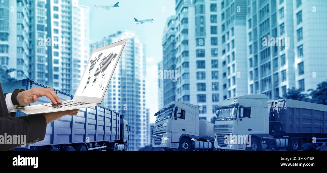 Logistics concept, banner design. Businessman with laptop, closeup ...