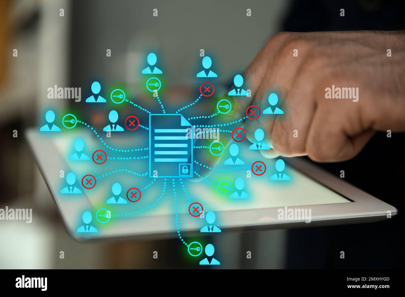Access to documents. Man using tablet, closeup. Scheme over device ...