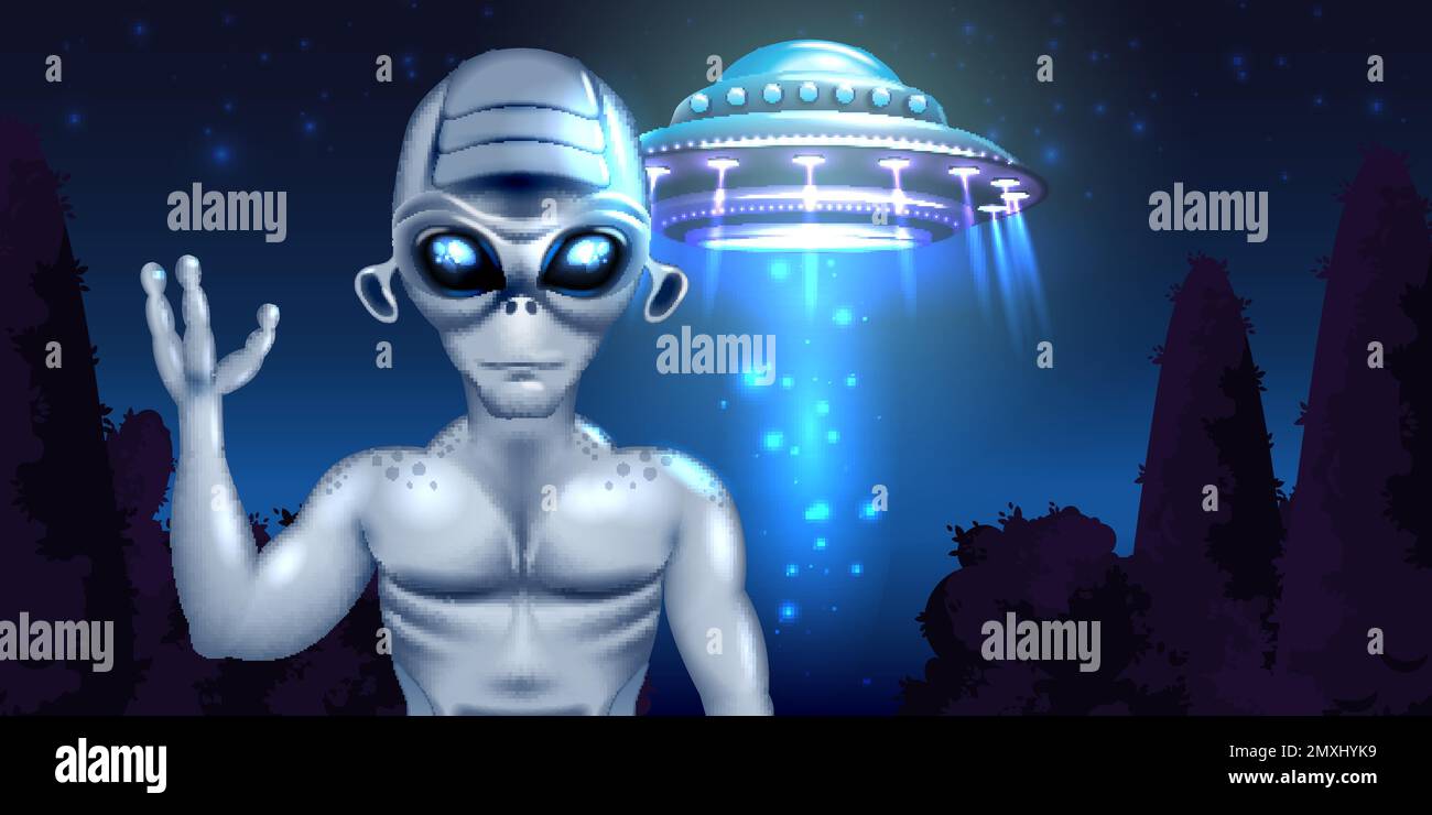 Alien ufo background with galaxy travel symbols realistic vector ...