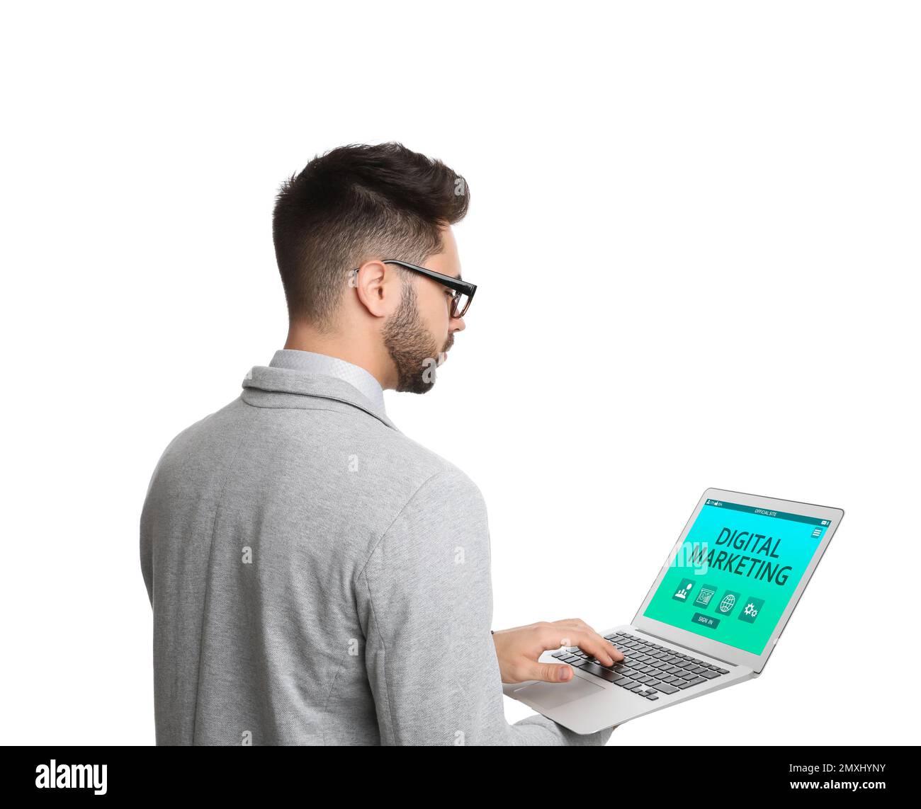 Digital marketing concept. Young man with laptop on white background ...