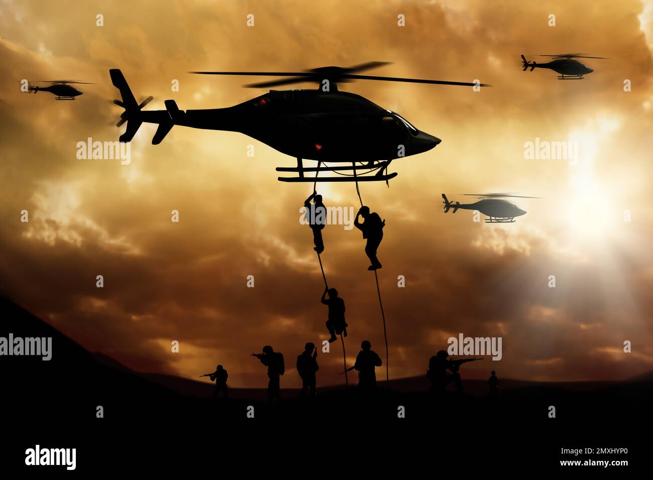 Soldiers landing from helicopter on battlefield. Military service Stock ...