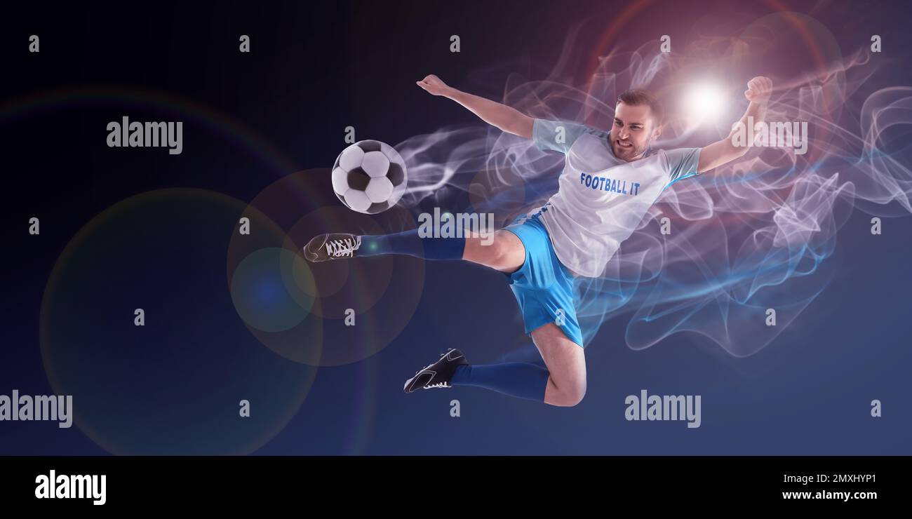 Shot of football player in action. Creative banner design Stock Photo ...