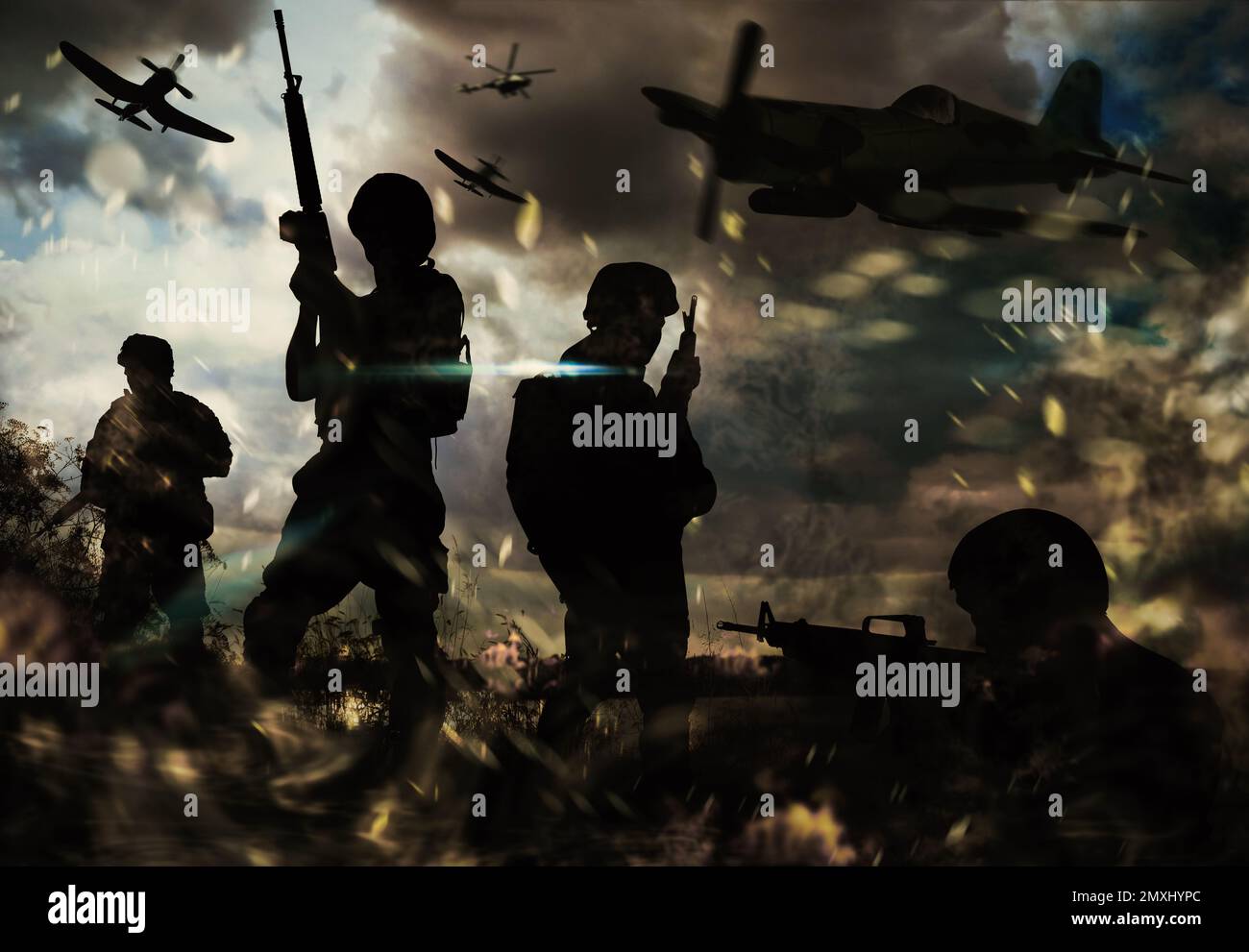 Silhouettes of soldiers and planes in combat zone. Military service ...