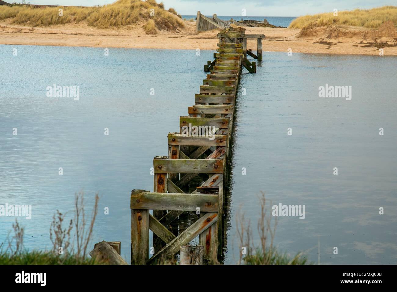 An aerial view of a pier over the ocean with a sand beach under a sunny ...