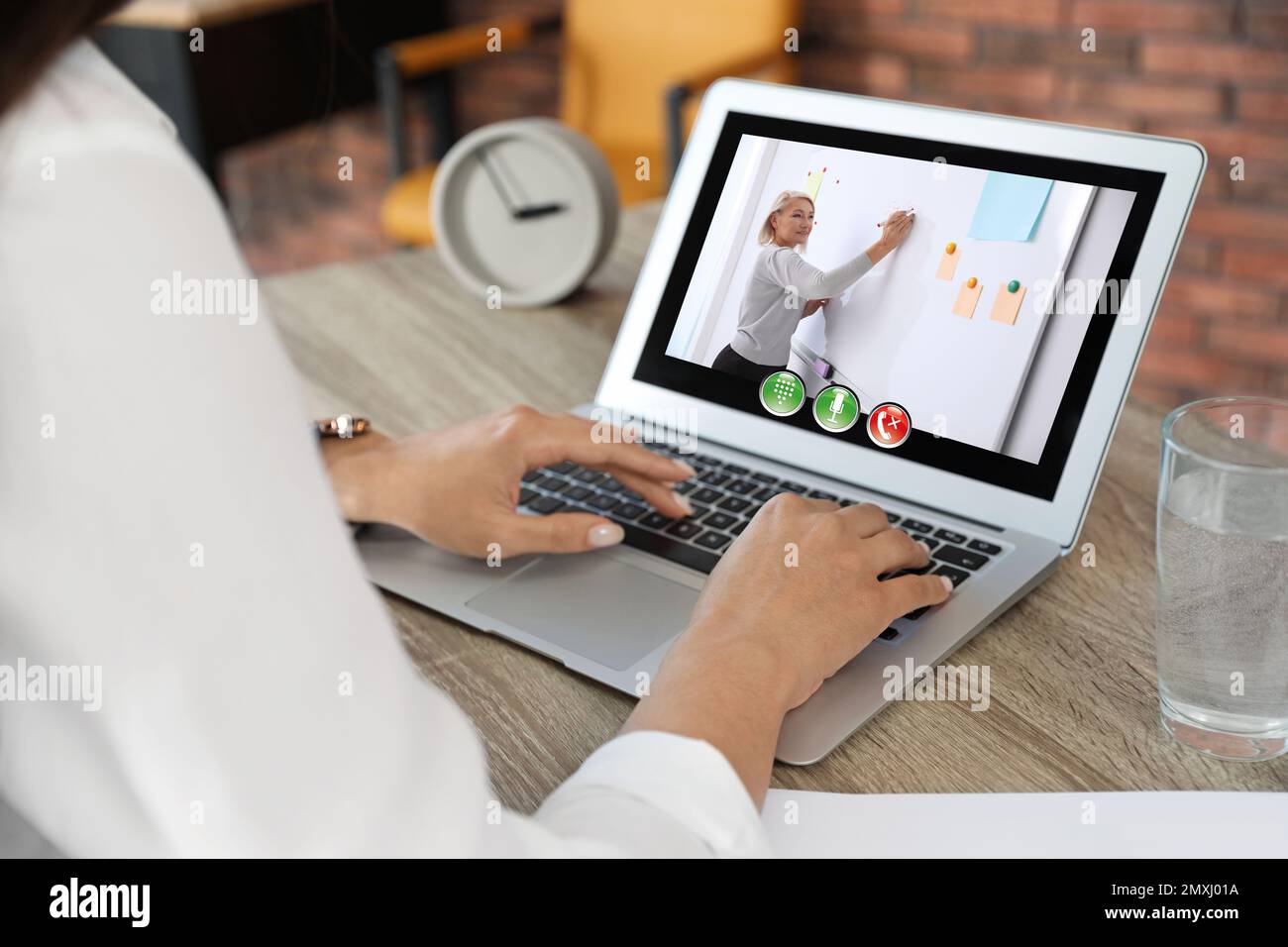 Distance learning, online school lesson. Girl studying at home during quarantine and lockdown ...