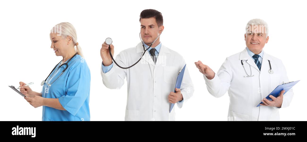 Collage with photos of doctors on white background, banner design Stock ...