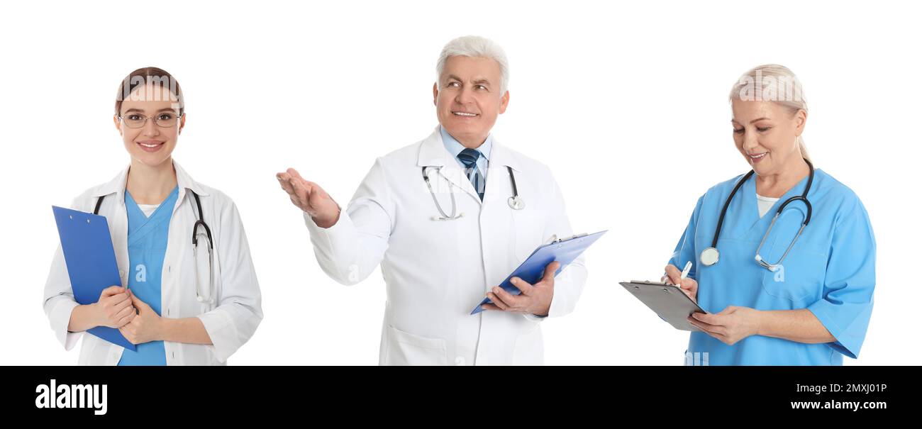Collage with photos of doctors on white background, banner design Stock ...