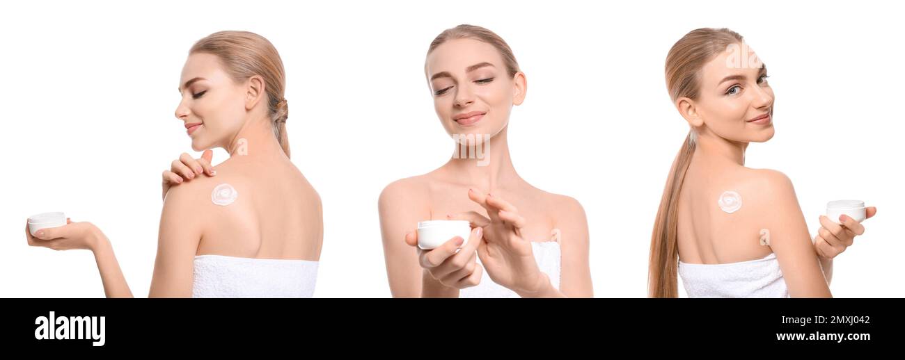Collage of photos with young woman applying body cream on white ...