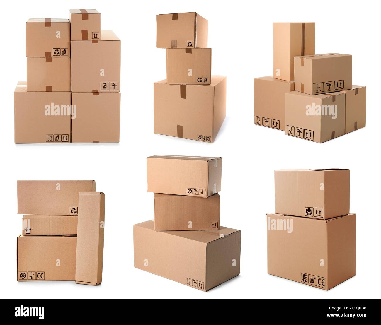 Set of parcels with different packaging symbols on white background ...