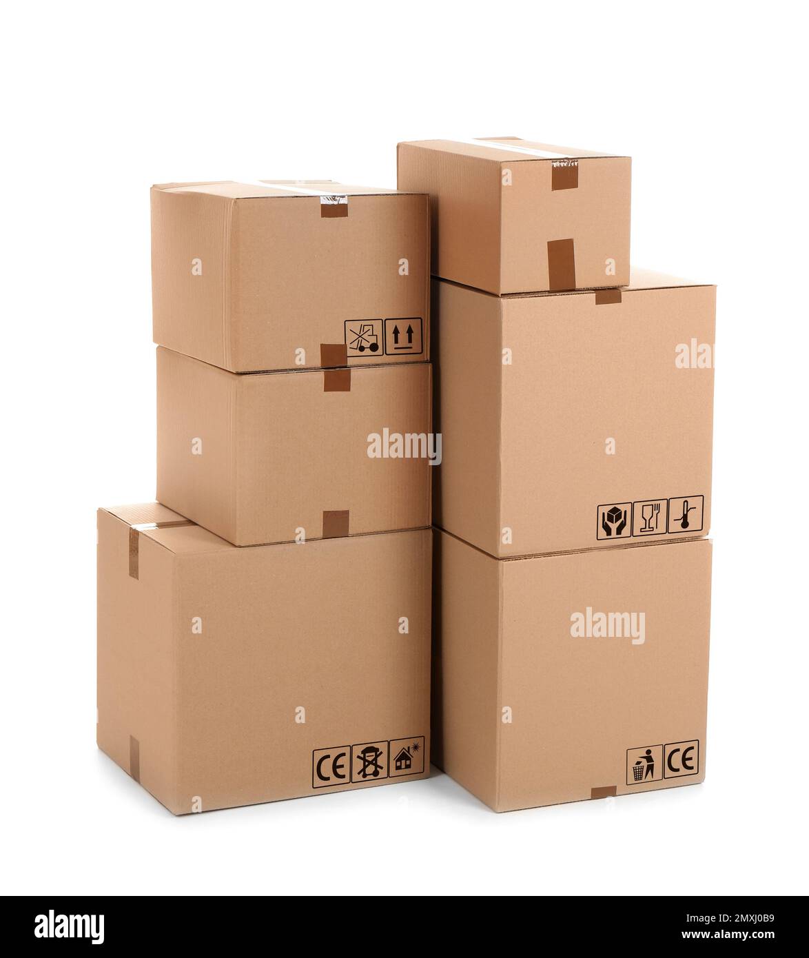 Parcel delivery. Cardboard boxes with different packaging symbols on ...