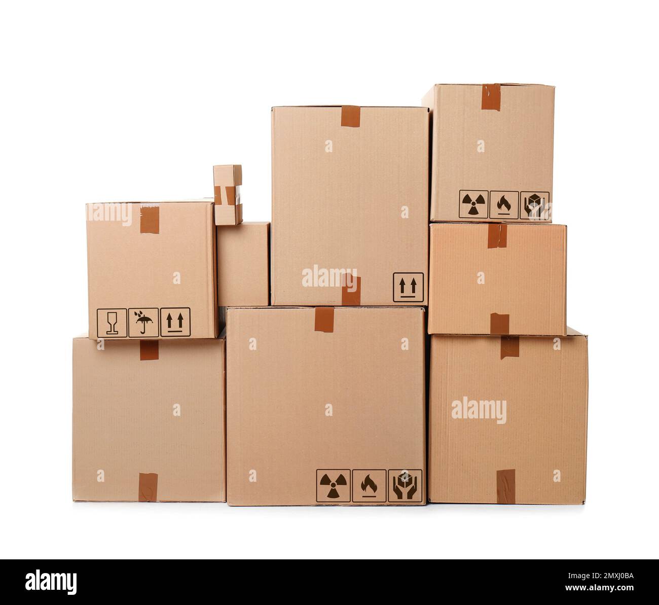 Parcel delivery. Cardboard boxes with different packaging symbols on ...