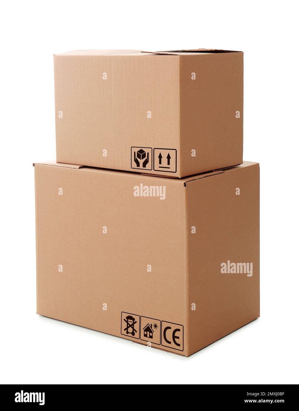 Cardboard parcels with different packing symbols on white background ...