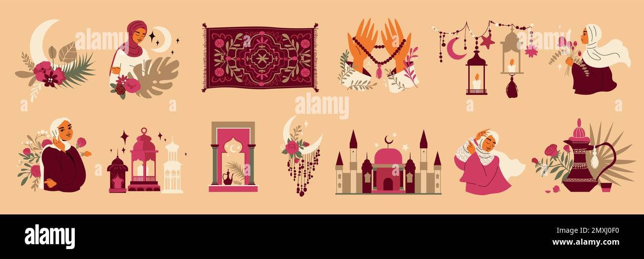 Islamic boho color icons set with tradition muslim religion symbols ...
