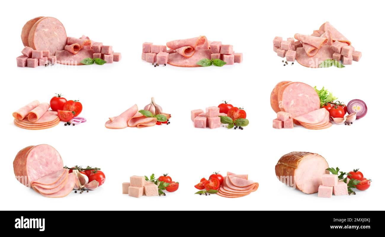 Set of tasty hams on white background. Banner design Stock Photo - Alamy