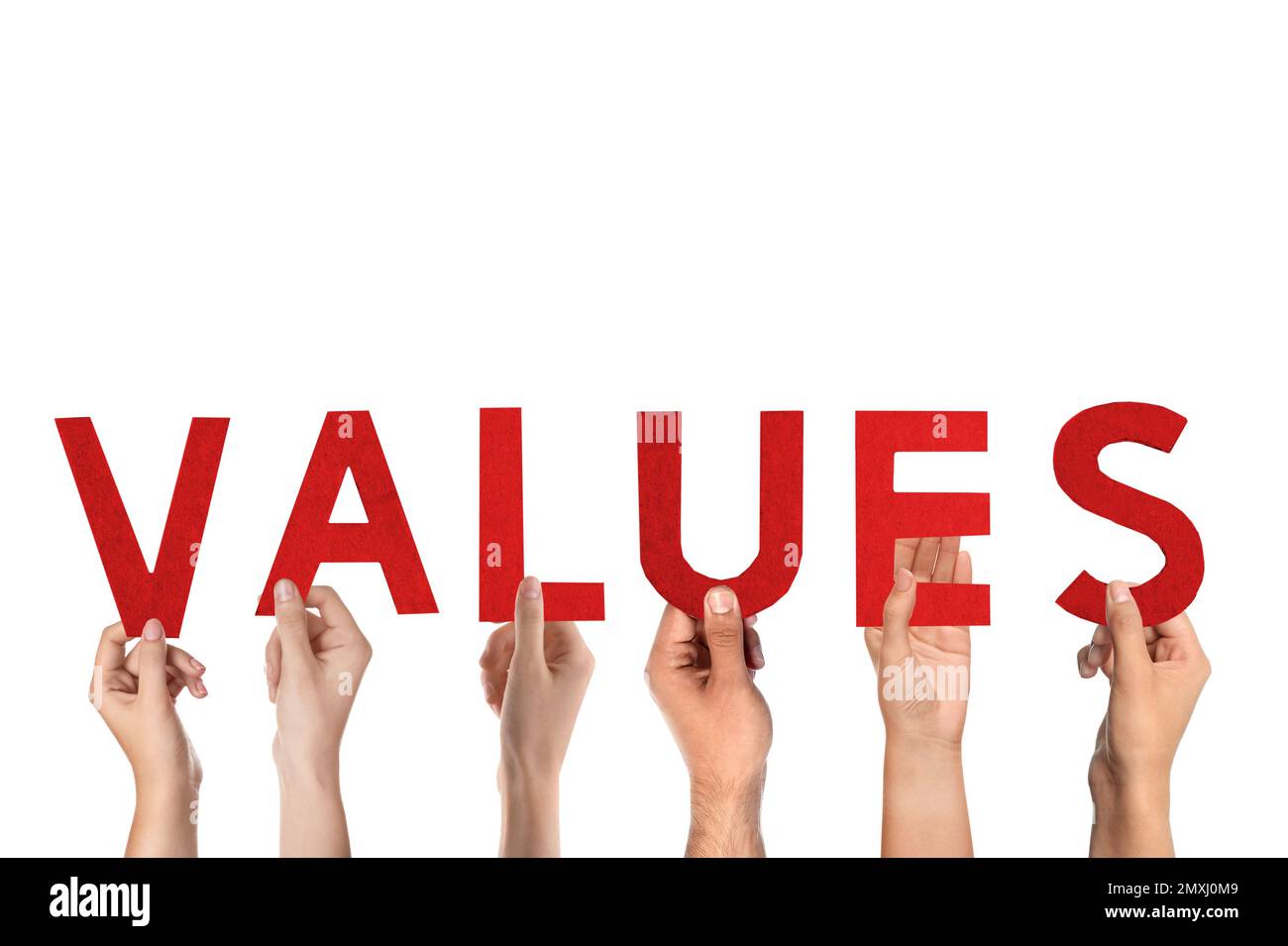 People making word VALUES of letters on white background Stock Photo ...