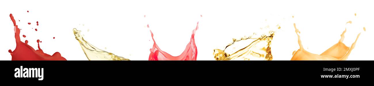 Set with splashes of different juices on white background. Banner ...