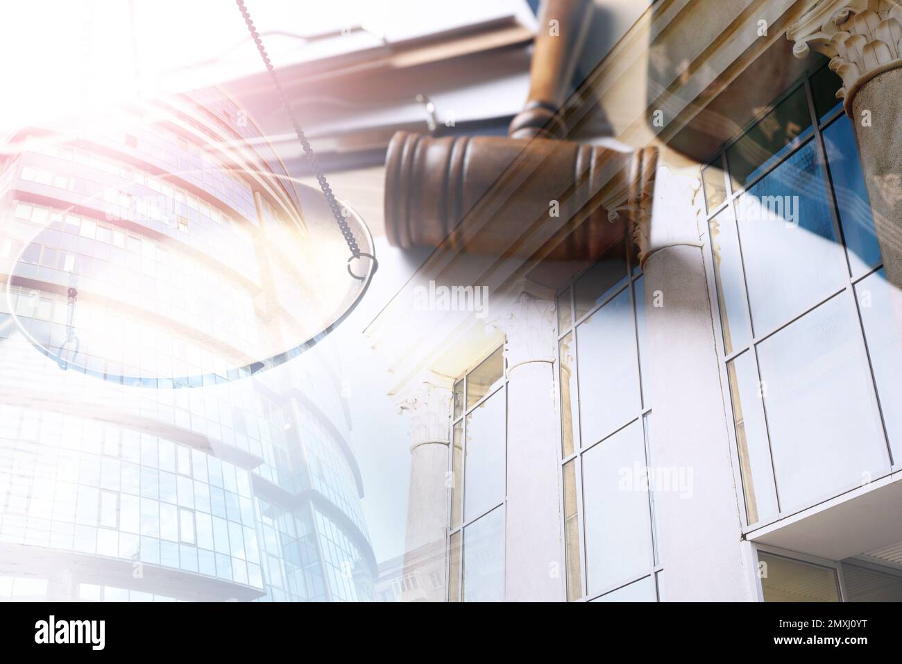 Law protection. Multiple exposure of judge's gavel, scale and buildings ...
